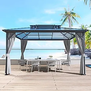 Joyside 10x13 ft Outdoor Hardtop Gazebo with Double-Tier Polycarbonate Roof, Aluminum Frame Gazebo with Netting and Curtain Included, Suitable for Lawn Backyard Patio
