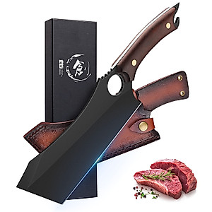 Meat Cleaver, 10 inch Black Meat Cleaver Boning Knife, Chef Chopping Butcher Cooking Knife, High Carbon Steel Sharp Kitchen Viking Knife with Sheath Gift Box Bottle Opener for Outdoor BBQ Camping