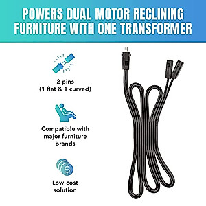 Dual Motor Power Supply Kit - Universally Compatible Power Supply for Electric Reclining Furniture - with Y Splitter Extension Cord & 2-Pin Connector - 29V 2A Adapter for Loveseats, Chairs and Sofas