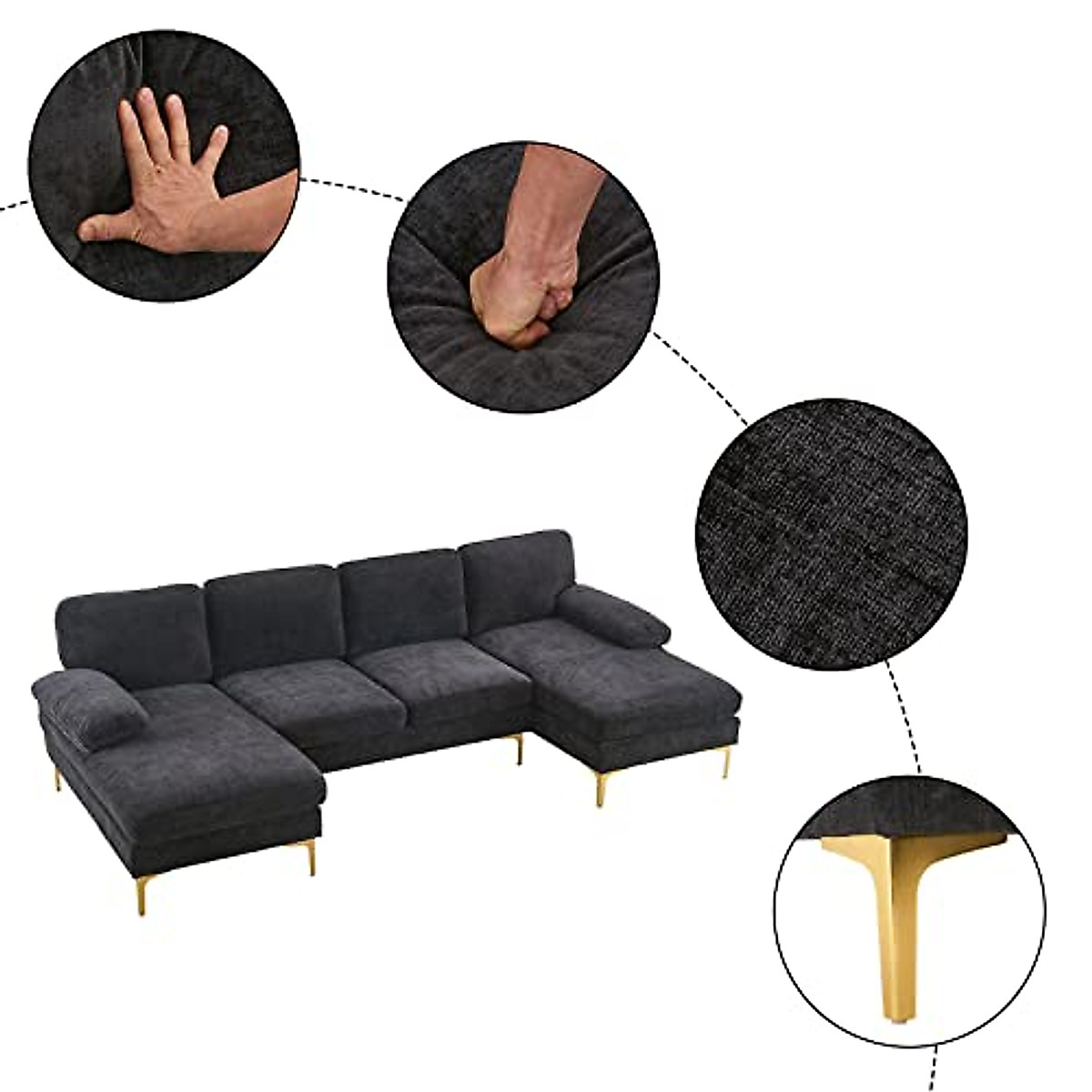 POULEII Sectional Sofa,Modern U-Shape Modular Sectional Sofa Sleeper Couch with Chenille Fabric and Gold-Plated Feet for Living Room, Apartment, Office,Black