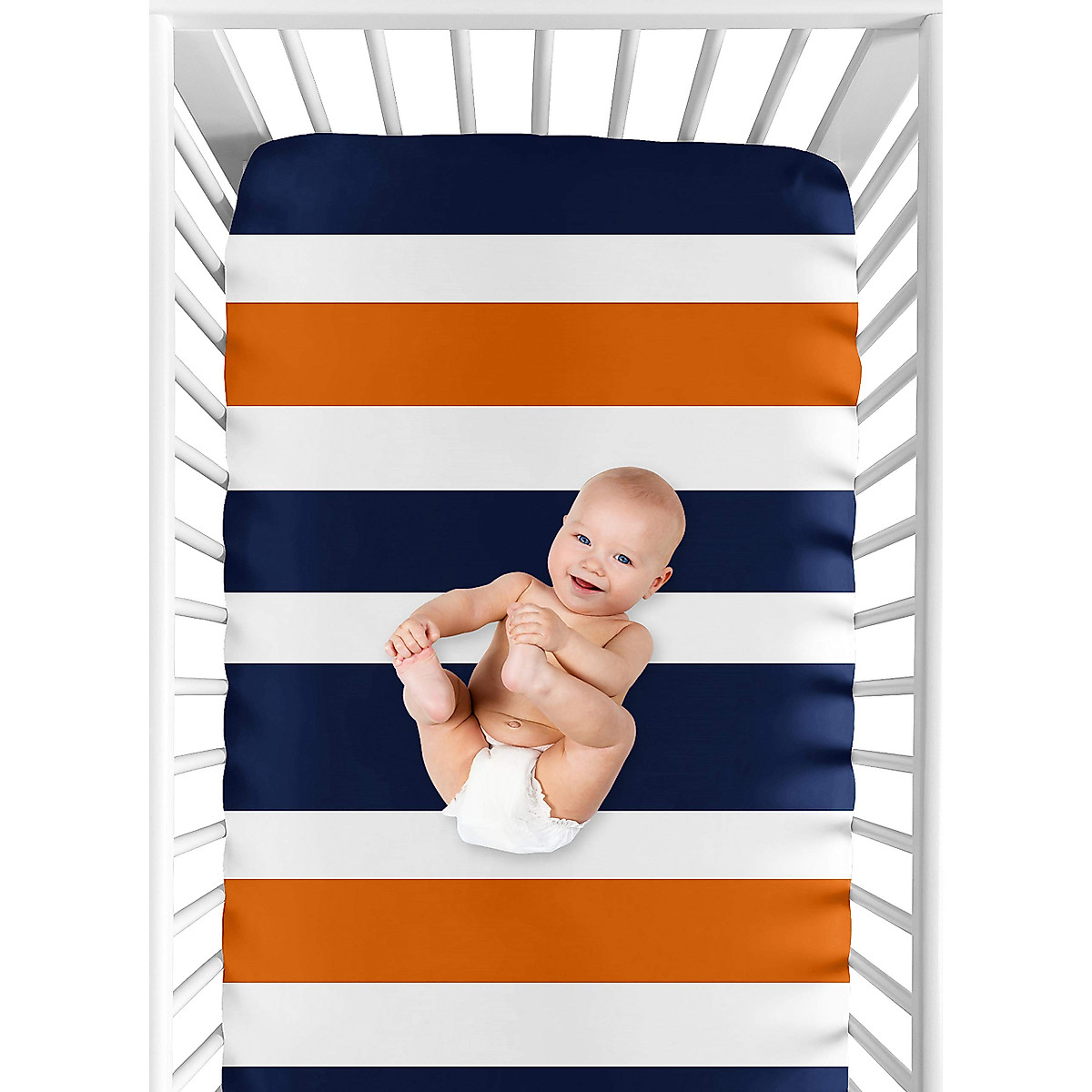 Sweet Jojo Designs Fitted Crib Sheet for Modern Navy Blue and Orange Stripe Baby/Toddler Bedding - Stripe Print