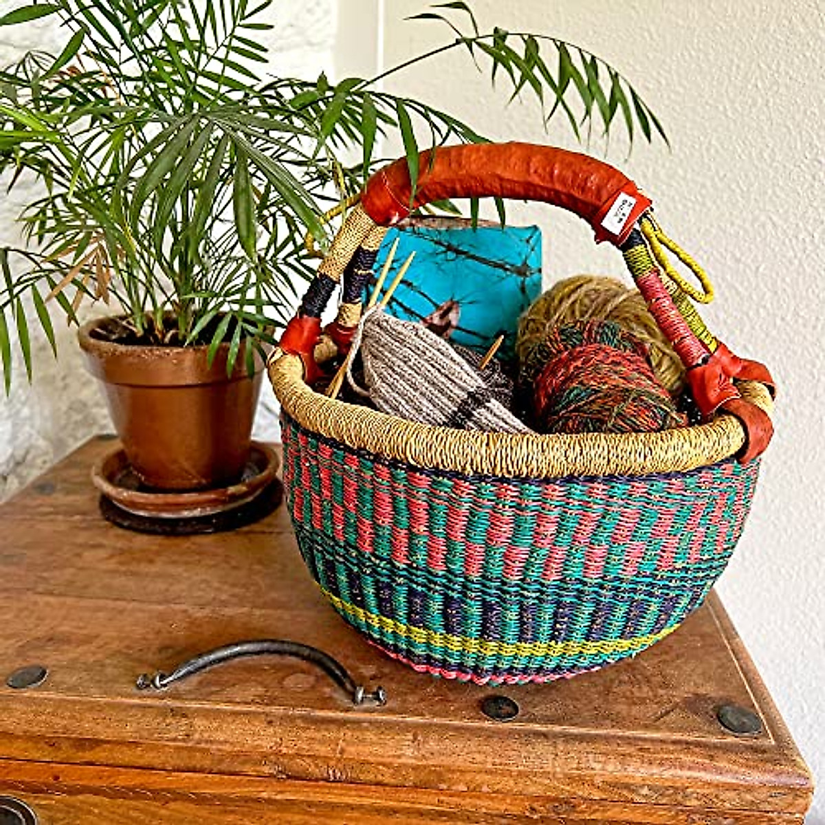 Deluxe Round Colorful African Basket - Medium 14" Round - by market women in Bolgatanga, Ghana with Africa Heartwood Project - GBMRC (Flat-packed)