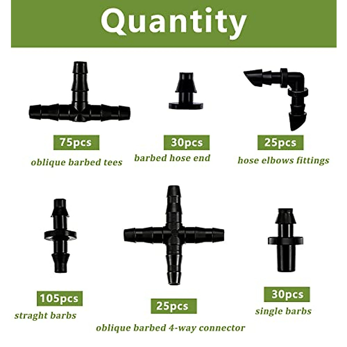 Dianrui 290PCS Drip Irrigation Fittings Kit, Barbed Connectors Parts 1/4'' Barbed Connectors Irrigation Fittings Kit for Garden Lawn Flower Pot Sprinkler Systems K1-042-set