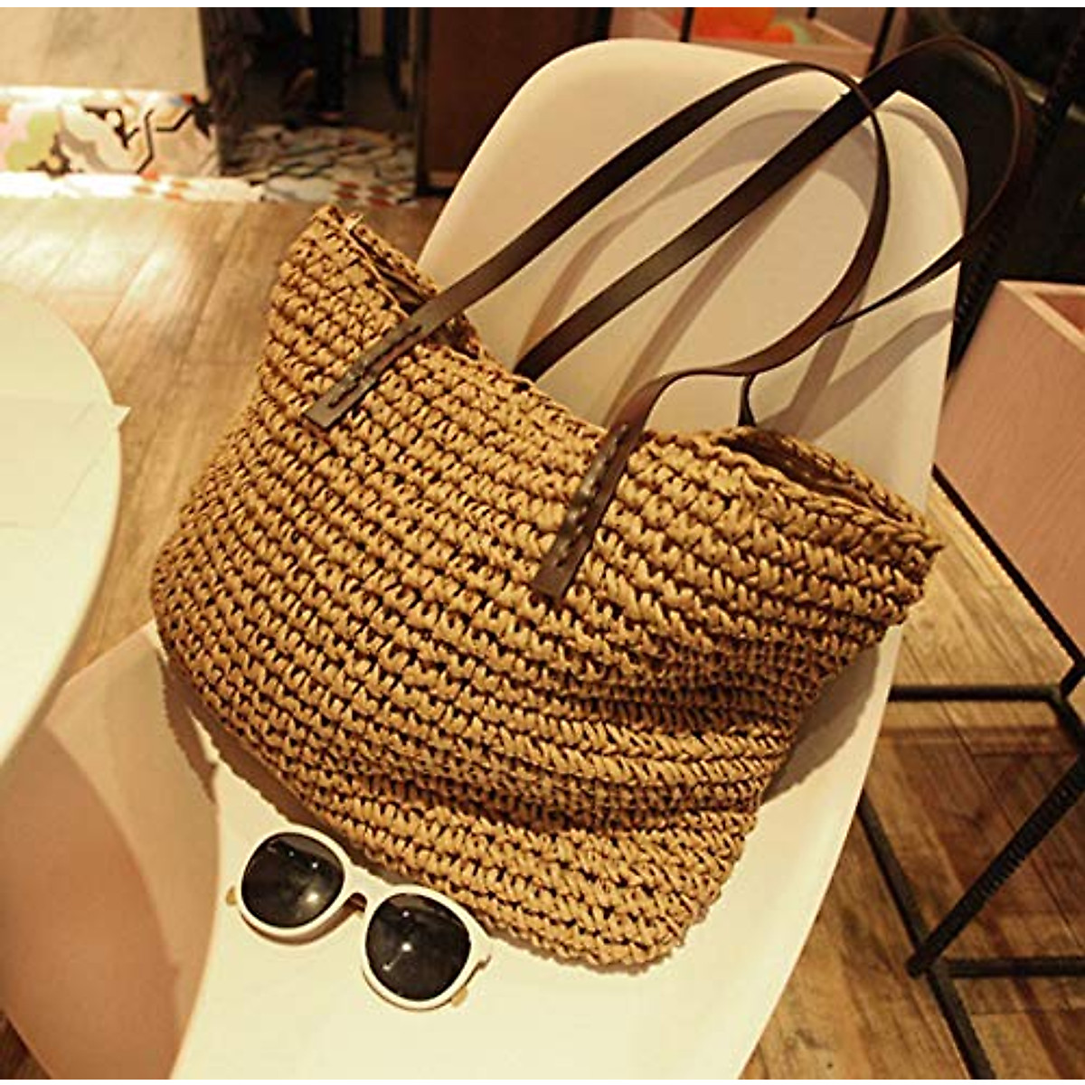Vgift Beach Bags for Women, Large Straw Tote with Zipper for Summer, Khaki