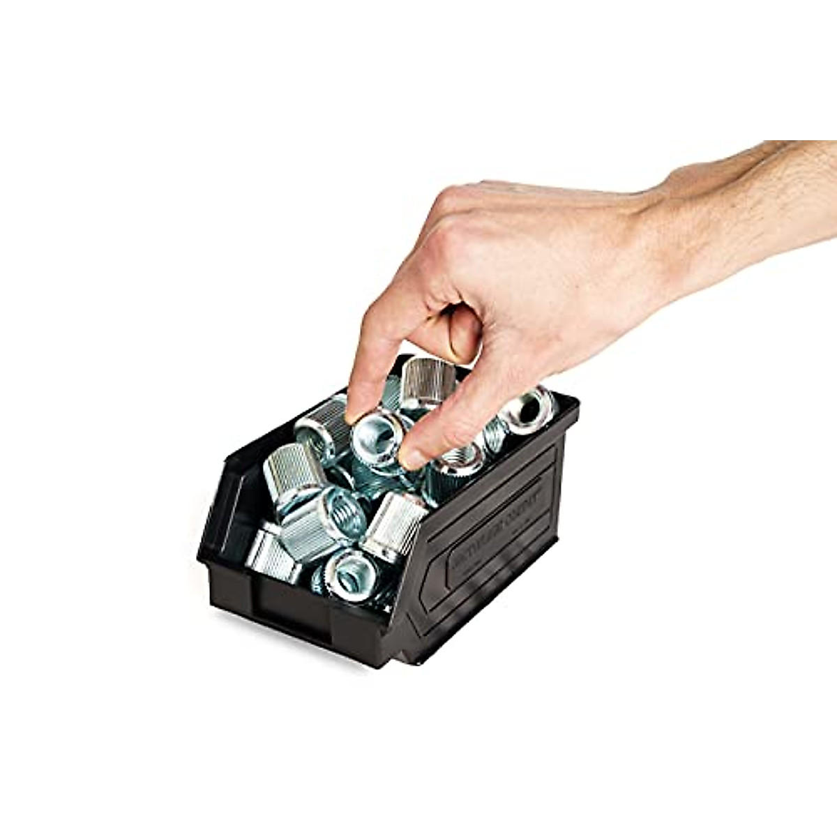 12 Pack Small Storage Bin, Wall Mount Storage, Hanging and Stacking Bin, Freestanding | 7” x 4” x 3” Plastic Container | Black | Zeus 1PLZ06 | StorageCompat