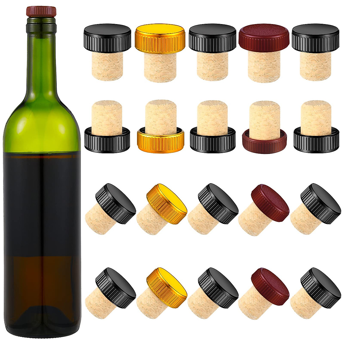 24 Pieces Cork Plugs Cork Stoppers Tasting Corks T-Shape Wine Corks with Plastic Top Wooden Wine Bottle Stopper Bottle Plugs Replacement Corks for Wine Beer Bottle, Glass Bottles (Black, Brown, Gold)