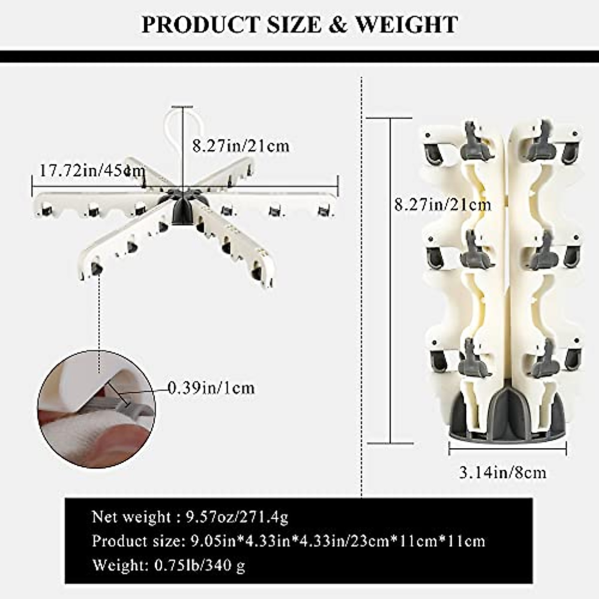 LTH-GD Hanger with Clips for Drying Underwear and Socks, Foldable Clothes Hangers with 18 (Invisible), Handy and Sturdy, Great for Masks, Bras, Baby’s Cloth Diaper, Toys and Other Small Items,White