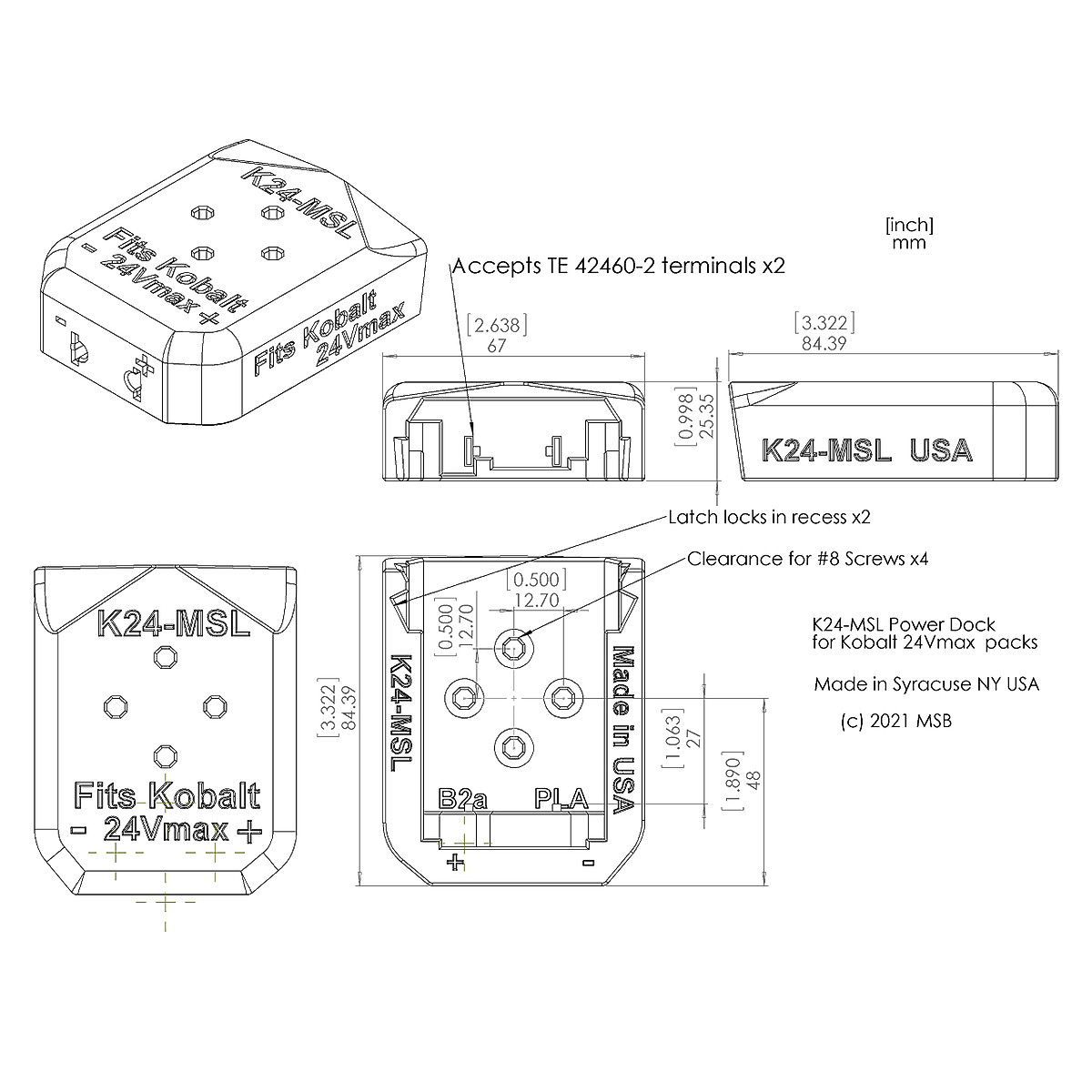 K24 Battery Mount Compatible with Kobalt 24Vmax KXT-424-03, KT-424-03, KT-624-03, KT-224-03 Battery Adapter Holder Mount DIY w/12 Hi-Temp 16AWG Wired terminals, Robots, Lights, eBikes PN K24-16