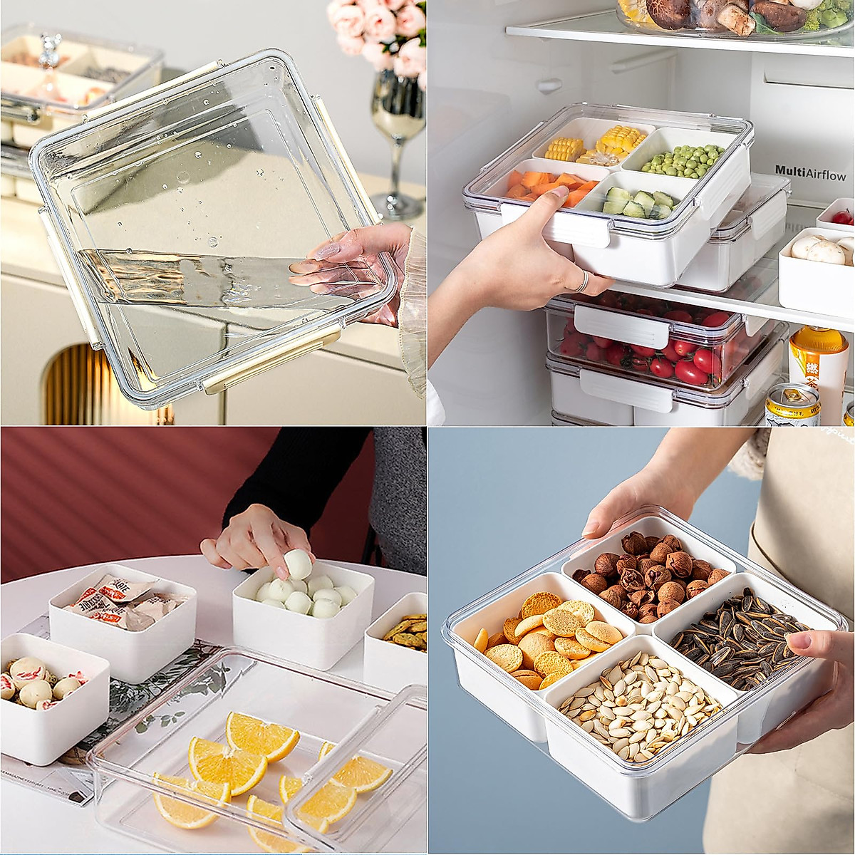 Famiredo Food Storage Organizer with Lid, Divided Serving Tray with 4 or 5 Removable Boxes, Stackable Refrigerator Organizer Bins Produce Saver for Meal Prep(Square)