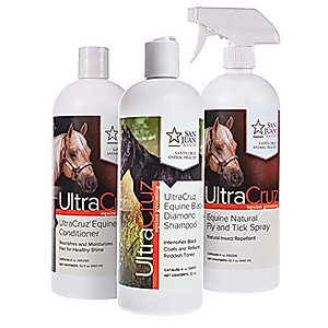 UltraCruz Equine Black Diamond Horse Shampoo, Conditioner and Fly & Tick Spray Bundle, 32 oz Each