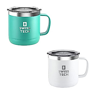 Swiss+Tech 14 oz Coffee Mug, Vacuum Insulated Mug Cup with Lid, Double Wall Stainless Steel Travel Tumbler Cup, Corrosion Resistant, BPA Free (Green&White)