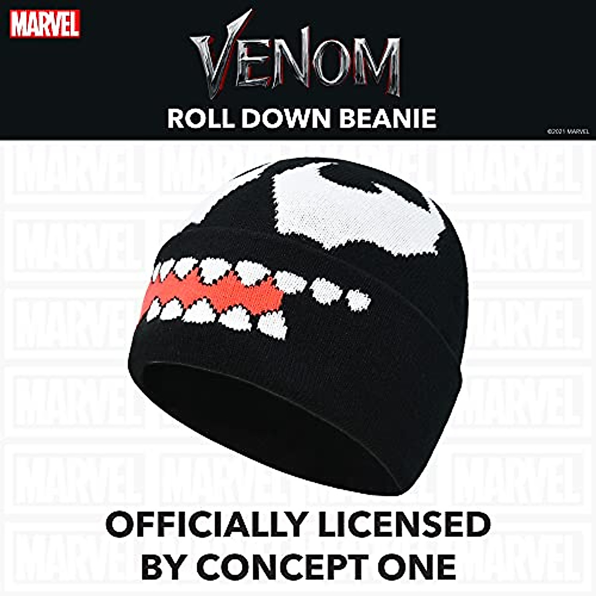 Marvel Venom Intarsia Roll Down Cuff Beanie Hat, Black, One Size