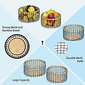 Bamboo Fruit Basket, 2 PCS Fruit Storage Basket Countertop for Kitchen, Counter Metal Wire Vegetable Produce Storage Baskets for Kitchen, Fruits Stand Holder Organizer for Bread Snack Veggies, Black