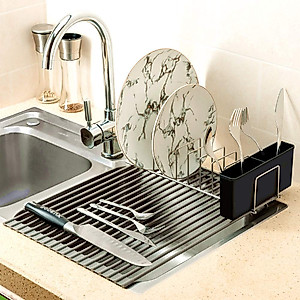 SANNO Plastic Black Utensil Silverware Storage Holder Caddy,Fit Kitchen Sink Drying Rack, Microfiber Dish Mat, Dish Drying Mat