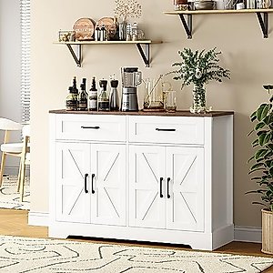 BOTLOG Farmhouse Buffet Cabinet with Storage, 47.2" Sideboard Storage Cabinet with Drawers Coffee Bar Cabinet for Kitchen, Dining Room, Hallway, White