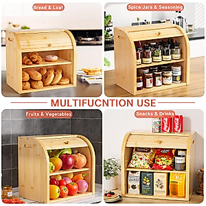 Bamboo Bread Box with Clear Front Window - Large Capacity Wooden Bread Storage Holder for Kitchen Counter - Double Layer Bread Storage Bin Holds 2 Loaves