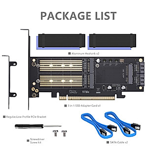 3 in 1 M.2 and mSATA SSD Adapter Card for M.2 NVME to PCIE Adapter,M.2 SATA SSD to SATA III Adapter,mSATA to SATA Adapter (with 2 Aluminum Heatsink)