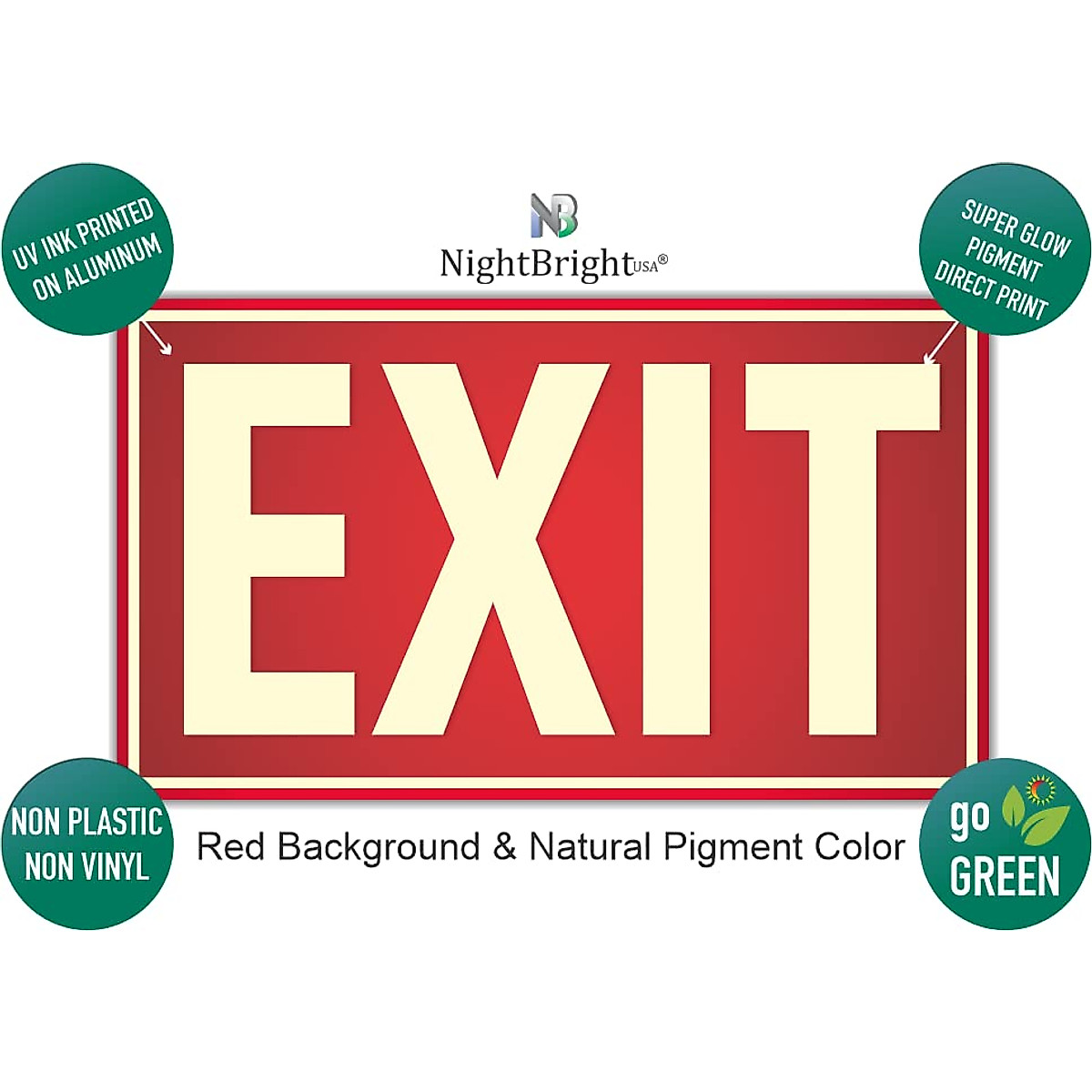 Photoluminescent Exit Sign (Red) / Pack of 2 / UV Inks on Aluminum. Heat Resistant | Cold Tolerant | Weather Proof. MADE IN USA.