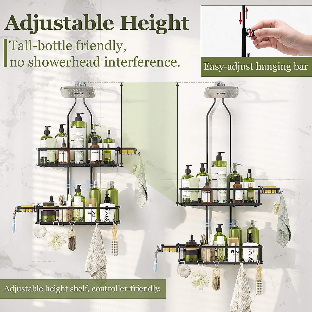 Skyapex Shower Caddy Hanging: Adjustable Height No Blocking to Shower Head - Black Shower Caddy Over Showerhead Shower Organizer - Rustproof Shower Shelves with Hooks 2 Soap Holders