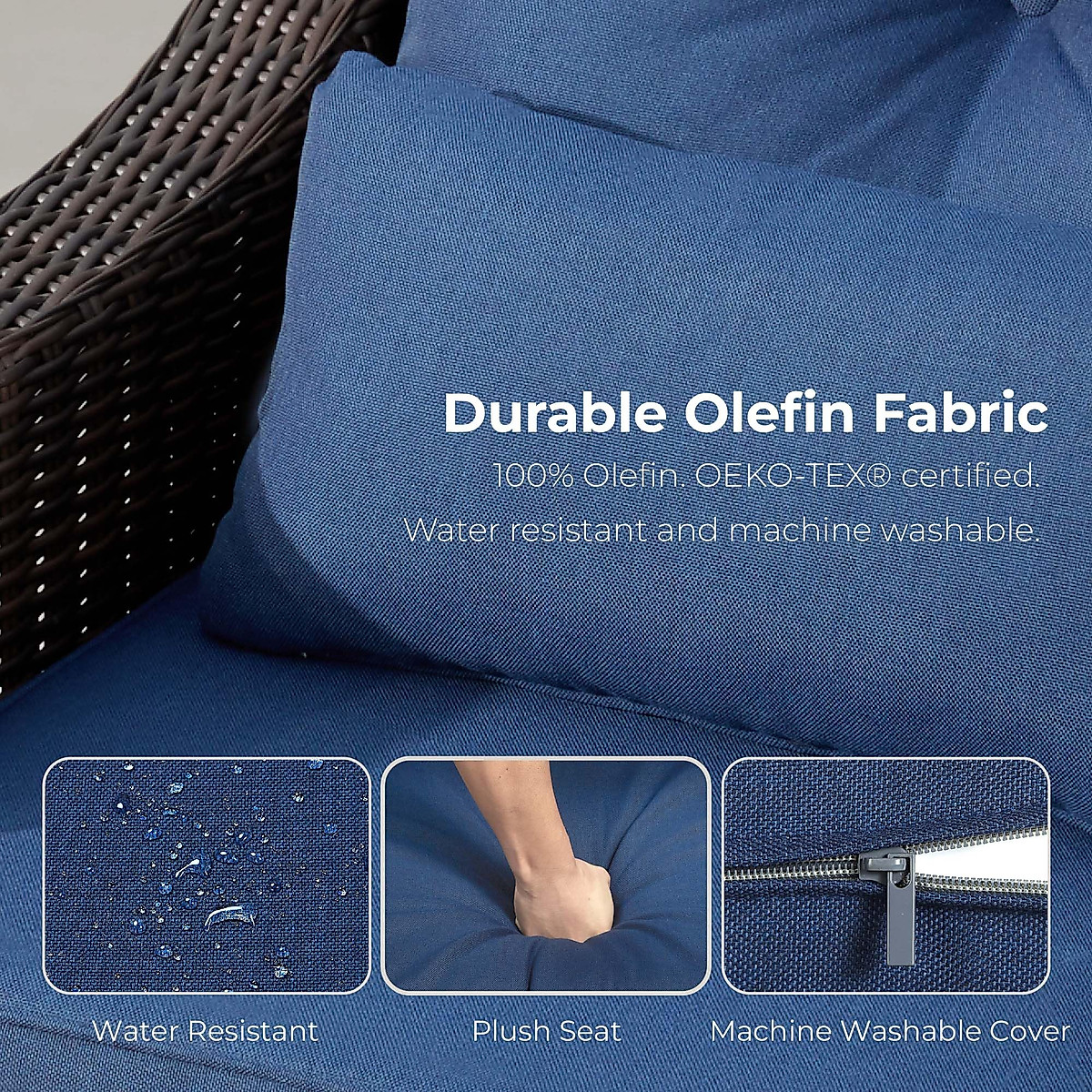 CHITA Patio Wicker Chair, 360° Rocking Swivel Outdoor Rattan Chair with Thickened Cushions for Backyard, Poolside, Garden or Porch, Blue Cushions with Chestnut Wicker