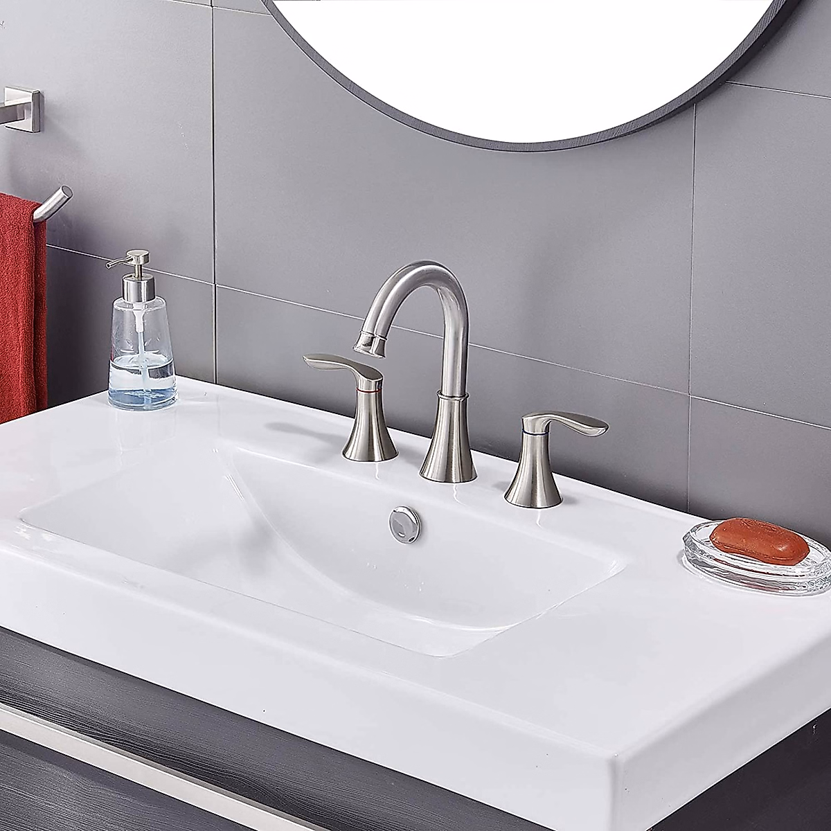 Friho Modern 2 Handle 3 Hole Brushed Nickel Widespread Bathroom Faucet, 8 inch Lavatory Vanity Swivel Spout Bathroom Sink Faucet with Water Supply Hoses and Pop Up Drain