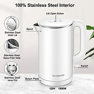 Electric Kettle, 1.7L 1500W Double Wall 100% Stainless Steel BPA-Free Cool Touch Tea Kettle Hot Water Boiler with Overheating Protection, Cordless with Auto Shut-Off and Boil-Dry