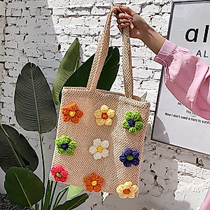 100% Handmade Pom Pom Flowers Straw Tote, Organic Knitted Flowers Womens Bag (Light beige)