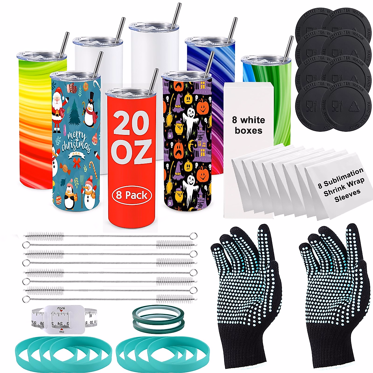 8 Pack 20oz Sublimation Tumbler Bulk, Skinny and Straight, Double-Wall Insulated Stainless Steel Tumbler Cups with Indivisual Gift Box, Tumbler Mearsuring Ruler, Heat-resistant Tape and Gloves