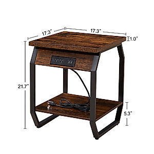 CANJUXK Side Tables with Charging Station, Set of 2 End Tables with USB Ports and Outlets, Nightstands for Living Room, Bedroom, Plug-in Series, Rustic Brown