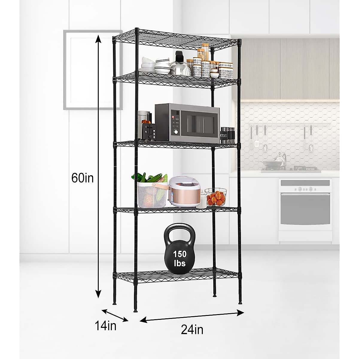 TYNB 5 Tier Steel Wire Shelf Metal Storage Rack NSF Commercial 14' D x 24' W x 60' H 750Lbs Adjustable Leveling Feet Wire Shelving Unit for Office Restaurant Kitchen Pantry Rack Black