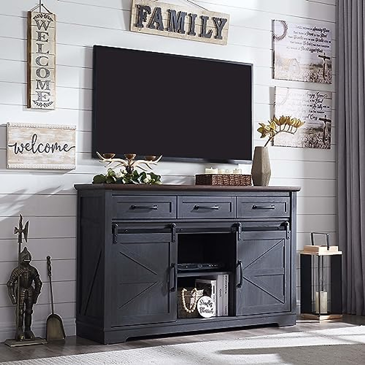 SinCiDo Bedroom TV Stand for 60 Inch TVs, Farmhouse Entertainment Center with 3 Drawers, Rustic Wood TV Console Cabinet with Sliding Barn Door for Bedroom, Living Room, Dining Room, Dark Grey