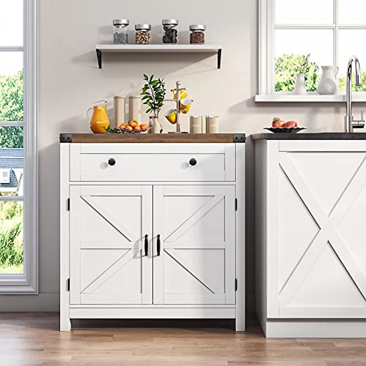 HOSTACK Coffee Bar Cabinet, Modern Farmhouse Buffet Sideboard with Drawer and Adjustable Shelf, Barn Door Storage Cabinet for Kitchen, Dining Room, Bathroom, Entryway, White