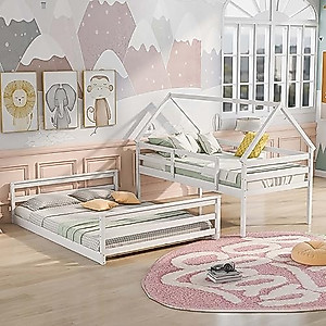 OTRIEK Bunk Bed Twin Over Full, House Bunk Bed with Full-Length Guardrail & Built-in Ladder for Boys Girls Bedroom, House Bed Design/No Box Spring Needed, Can Be Divided into 2 Separate Beds (White)