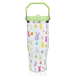 HOWSEESNOW 30oz Easter Tumbler with Handle and Straw, Colorful Rabbits Insulated Tumbler, Leak Proof Travel Coffee Mug, Reusable Stainless Steel EasterEgg Tumbler, Easter Gifts for Women