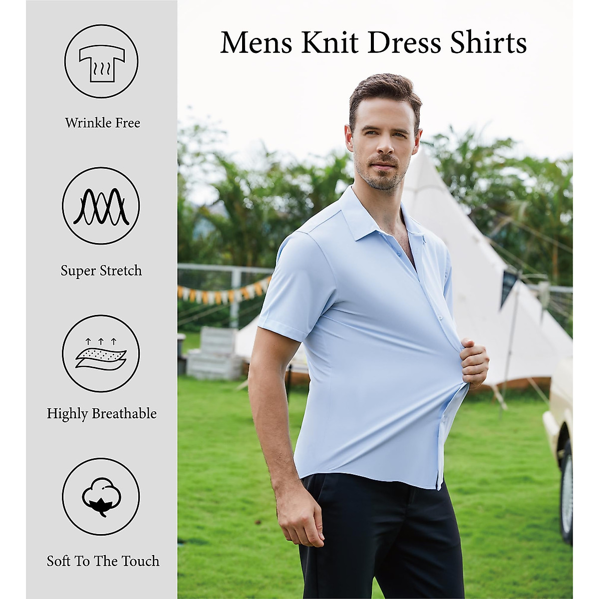 WARHORSEE Mens Knit Dress Shirts Short Sleeve Performance Moisture Wicking Wrinkle Free 4 Way Stretch Casual Button Down Shirt,White,L