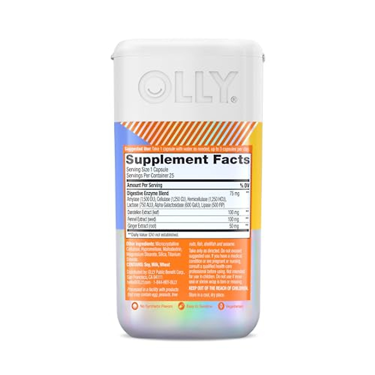 OLLY Beat The Bloat Capsules, Digestive Support Enzymes, Supplement for Women - 25 Count