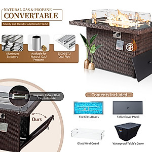 NICESOUL Wicker Outdoor Fire Pit Table Natural Gas/Propane, 43'' Rectangular Firepit Table for Outside, 55000 BTU Patio Fireplace Tables with Windguard&Glass Rocks&Cover, Modern CSA Firepits, Brown