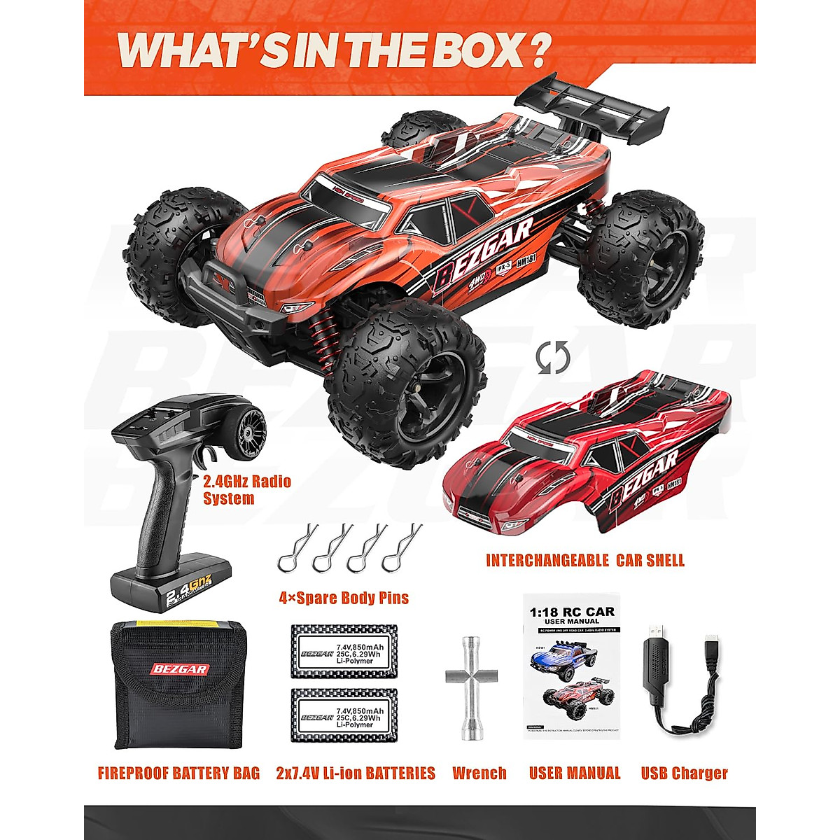 BEZGAR HM181 Hobby Grade 1:18 Scale Remote Control Monster Vehicle Trucks - 4WD Top Speed 35 Km/h All Terrains Off Road RC Truck, Waterproof RC Car with 2 Rechargeable Batteries for Kids and Adults