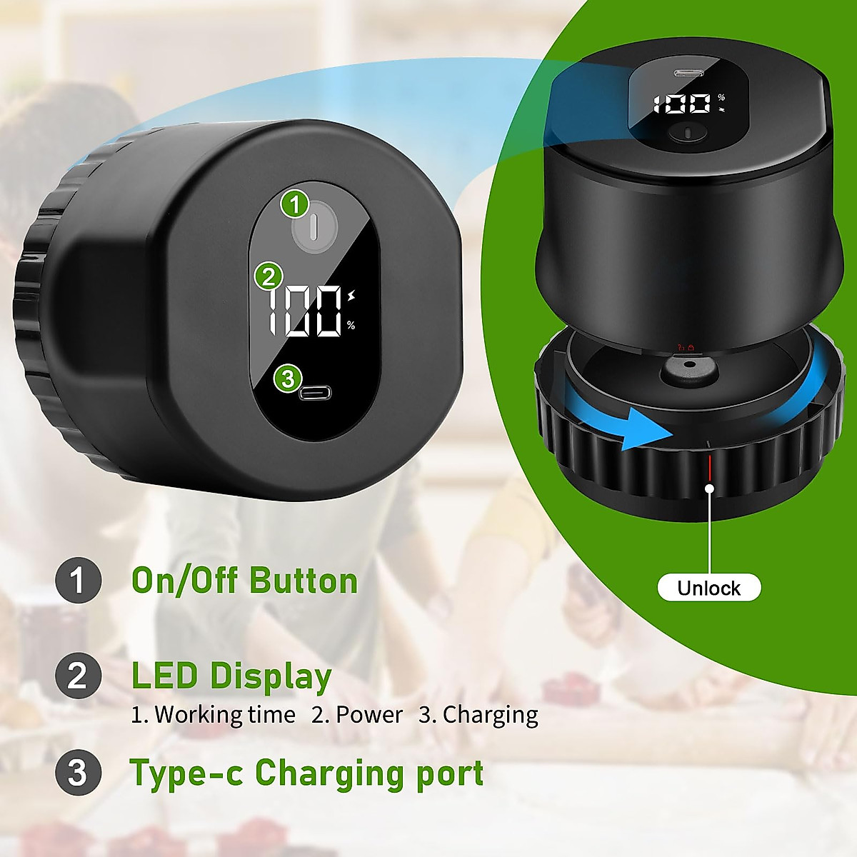 Electric Mason Jar Vacuum Sealer, Cordless Mason Jar Vacuum Sealer Kit for Wide Mouth and Regular Mouth Mason Jars, Portable Food Storage for Food Vacuum Storage