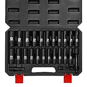 MIXPOWER 25 Pieces 1/2-Inch Drive Deep Impact Socket Set, CR-V, Metric/SAE, Includes 12mm to 24mm, 3/8-Inch to 1-Inch, 3", 5" Extension bars, 1/2"-1/4" Adapter