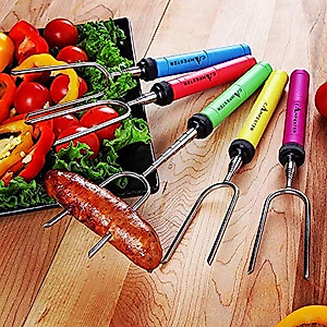 Campester Marshmallow Roasting Sticks with Wooden Handles, Set of 5 Telescopic Smores Skewers for fire Pit, Camping and Grilling, 34 inch extendable Stainless Steel Forks for Hot Dogs and Meat