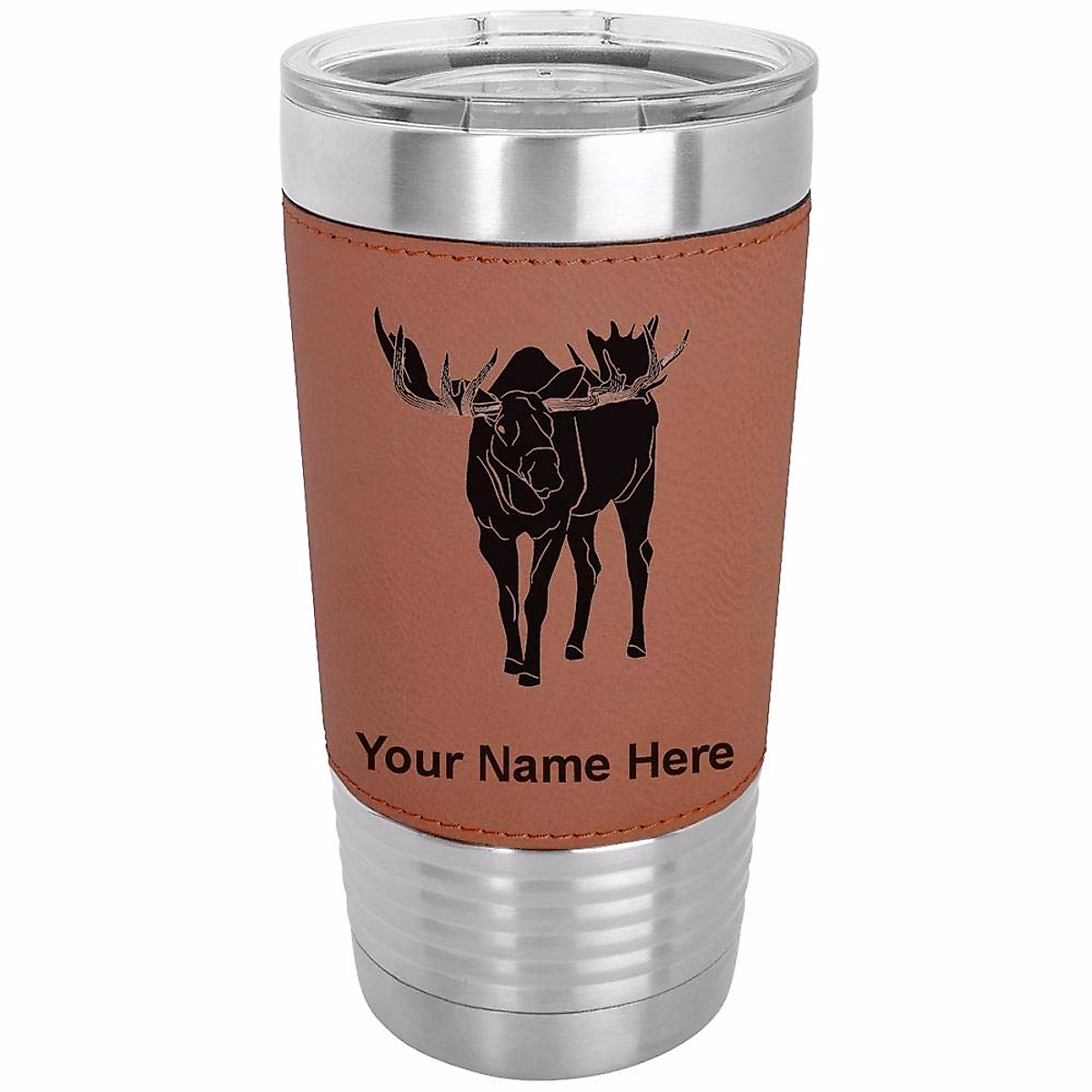 LaserGram 20oz Vacuum Insulated Tumbler Mug, Moose, Personalized Engraving Included (Faux Leather, Dark Brown)