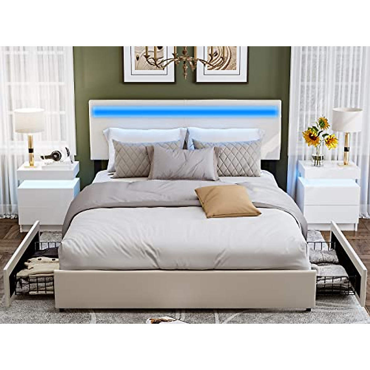 IKIFLY LED Bed Frame with 4 Storage Drawers, Upholstered Queen Size Storage Bed with Adjustable Headboard & LED Lights, Mattress Foundation, No Box Spring Needed, Easy Assembly - White/Queen