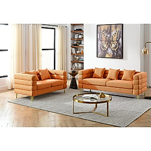 Deolme 60" W Teddy Orange Loveseat Sofa Couch with Firm Strcuture & Thicken Sponge Comfy Love Seat Couches Sleeper for Living Room Bedroom Small Spaces Mid-Century Modern Furniture