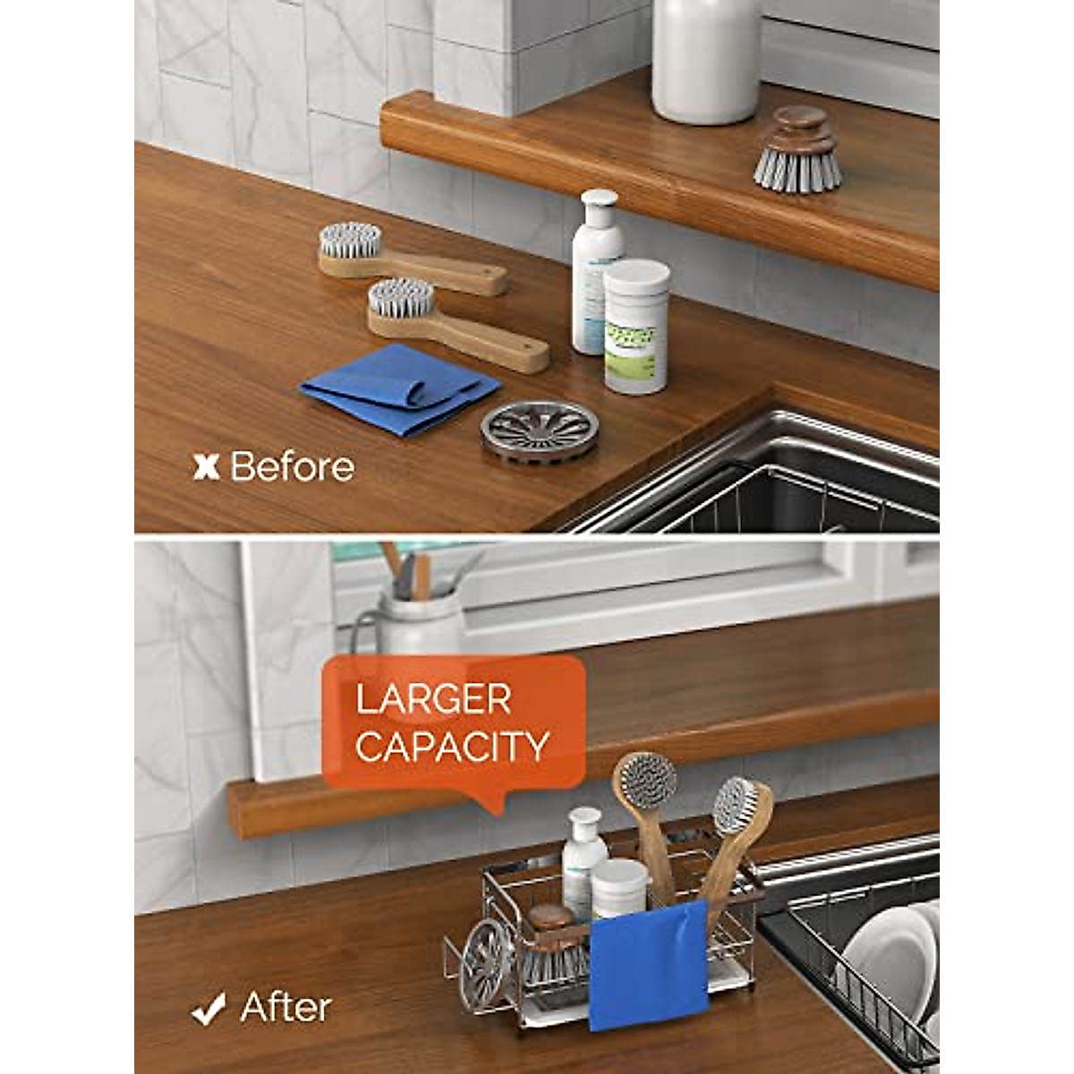 FixOwl Sink Caddy Kitchen Sink Organizer Sponge Holder for Kitchen Sink Non-Slip Countertop Organizer SUS304 with Removable Tray, Silver