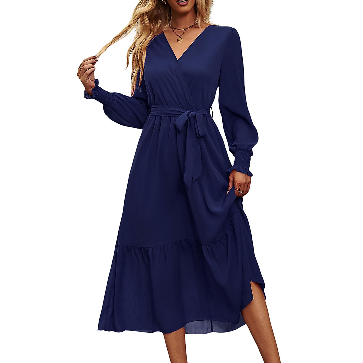 PRETTYGARDEN Women's Floral Print Boho Dress Long Sleeve Wrap V Neck Ruffle Belted A-Line Flowy Maxi Dresses (Solid Navy,X-Large)