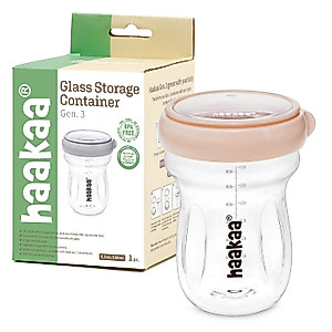 haakaa Glass Baby Food Storage Jar- Food Storage Container Airtight Lid-Wide Neck Gen.3 Baby Bottle -Leakproof BPA-Free 0m+ Newborn Babies(Peach, 6.3oz/180ml)