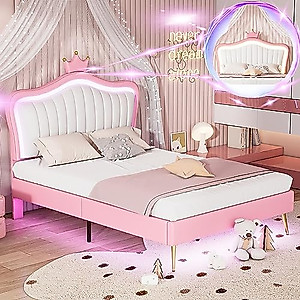 Linique Full Size Upholstered Bed Frame with LED Lights, Modern Upholstered Princess Bed with Crown Headboard, White+Pink
