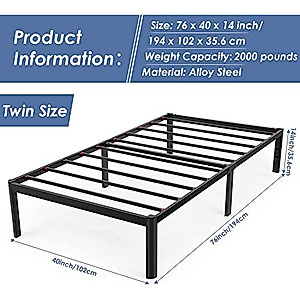 Devo Twin Bed Frame 14 Inch Heavy Duty Metal Platform Beds No Box Spring Needed with Sturdy Steal Slats Mattress Foundation Support Up to 2000 lbs,Easy Assembly, Noise Free,76x40inch, Black