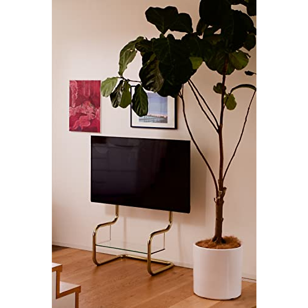 zeitgeist TV Stand Modern Minimalist w/Shelf Floor Stand Metal up to 65 inch for Corner, Living, Studio. Height Adjustable Mount, Portable. w/HDMI, Antenna, Power Cable pre-Installed. Brass Gold